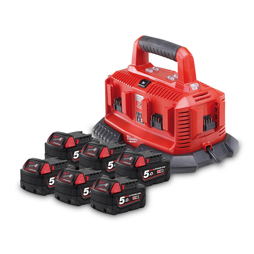 MILWAUKEE 18V LI-ION 6 BAY BATTERY SEQUENTIAL CHARGER W/ 6 M18B5 18V 5 ...